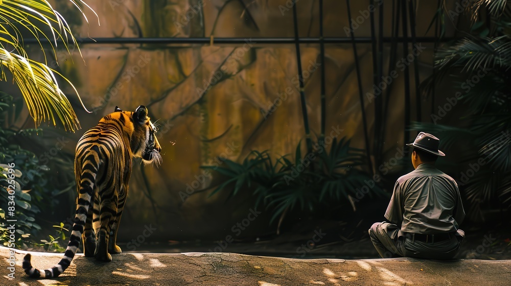 happy caucasian Zookeeper man working at zoo smiling and looking at ...