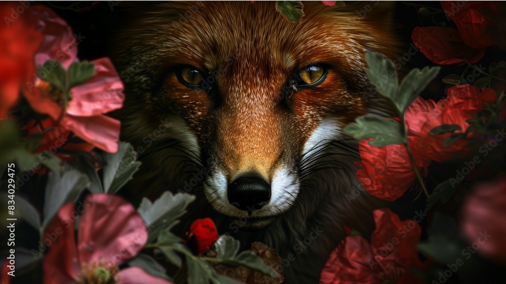 red fox portrait, orange fox face among red flowers, a fox's face ...