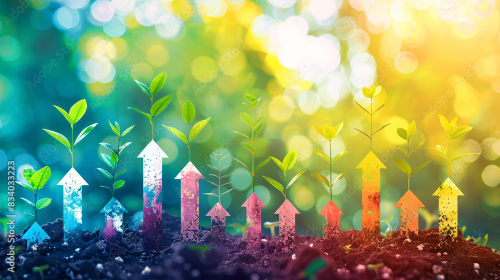 Growth depicted through colorful plant growth charts and upward arrows ...