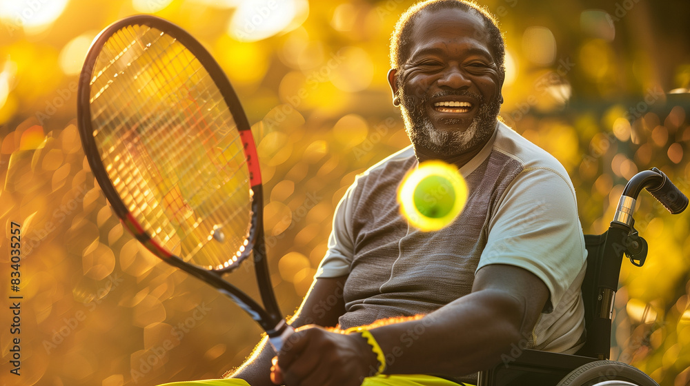 Disabled paralysed tennis player in a wheelchair holding racket ...