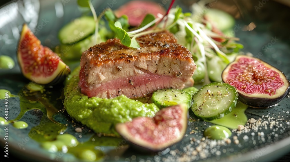 Tuna steak served with peppermint pea puree crispy cucumber salad and ...