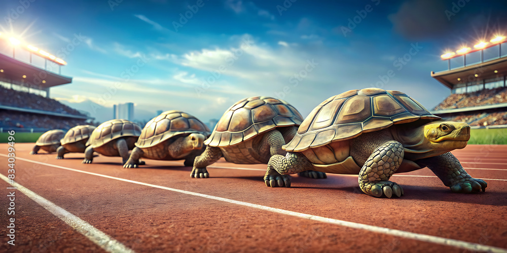 Side view of turtles at the starting block of a 100m sprint race track ...