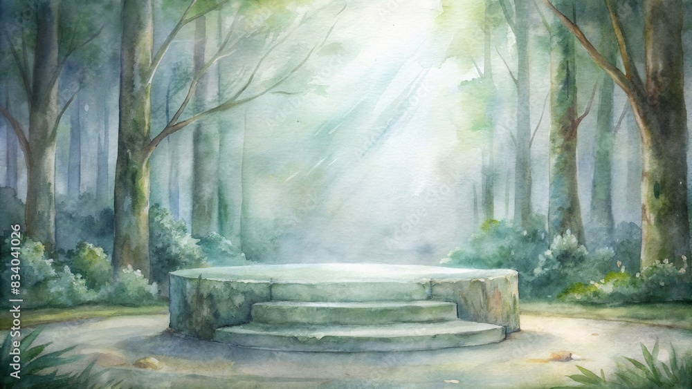 Empty stone podium with blur forest background watercolor, stone ...