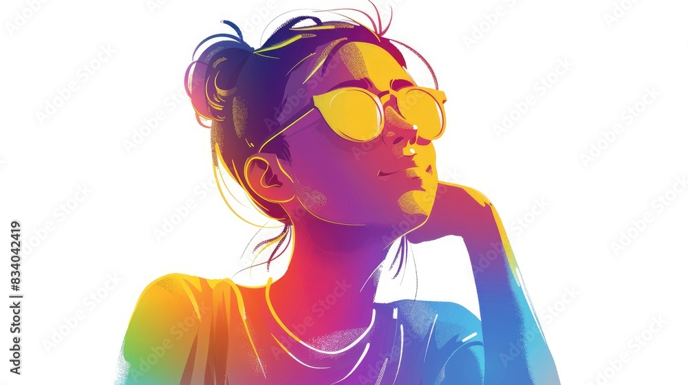 Cartoon girl depicted with a rainbow colored gradient in a squinting ...