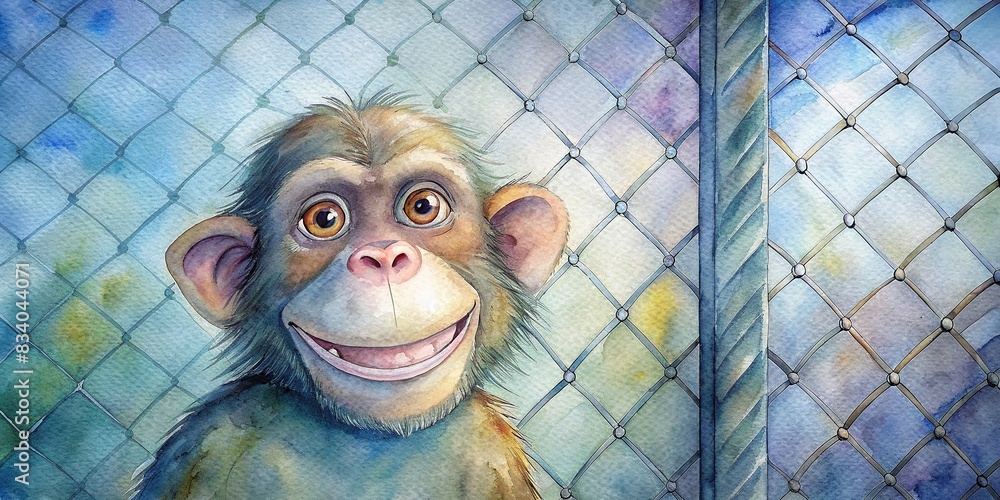 Monkey smiling in a cage with chain link fence, watercolor , monkey ...