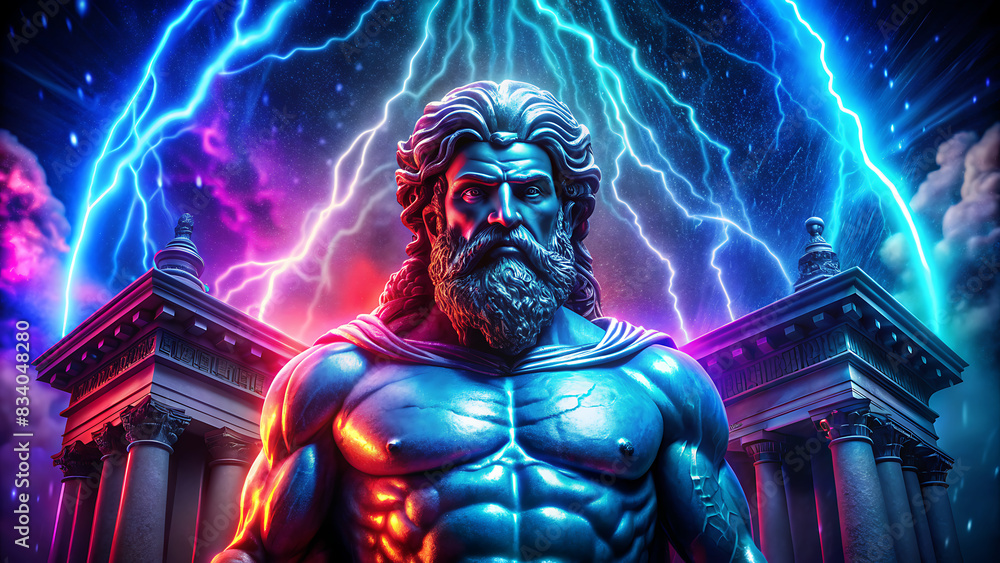 Strong and imposing stoic statue in metallic black, blue, purple, and ...