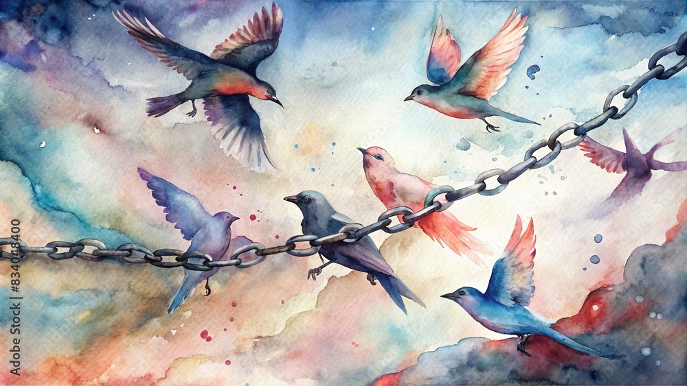 Watercolor image of birds breaking free from chains, symbolizing ...