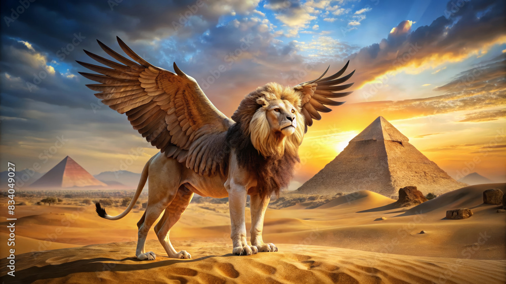 Surreal winged lion in front of Egyptian pyramids at sunset, combining ...