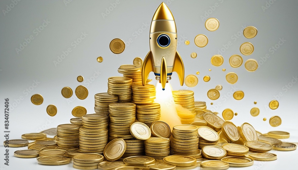 3d model rocket launched from pile of gold money coins on white ...