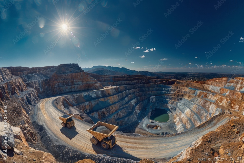 Dump truck at open pit mine, wide angle, blue sky, sunny day, open ...