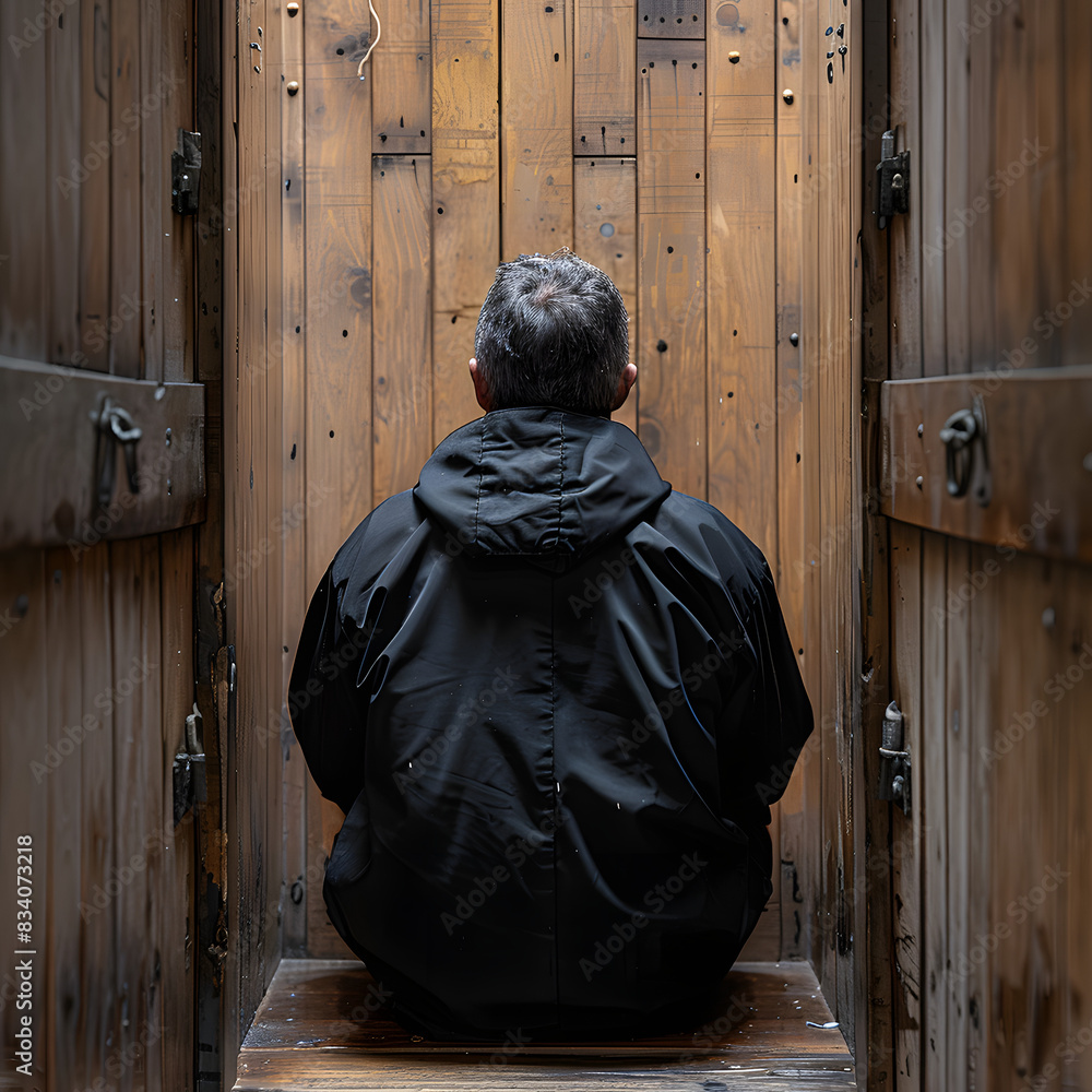 Young priest praying in confession booth, closeup isolated on white ...