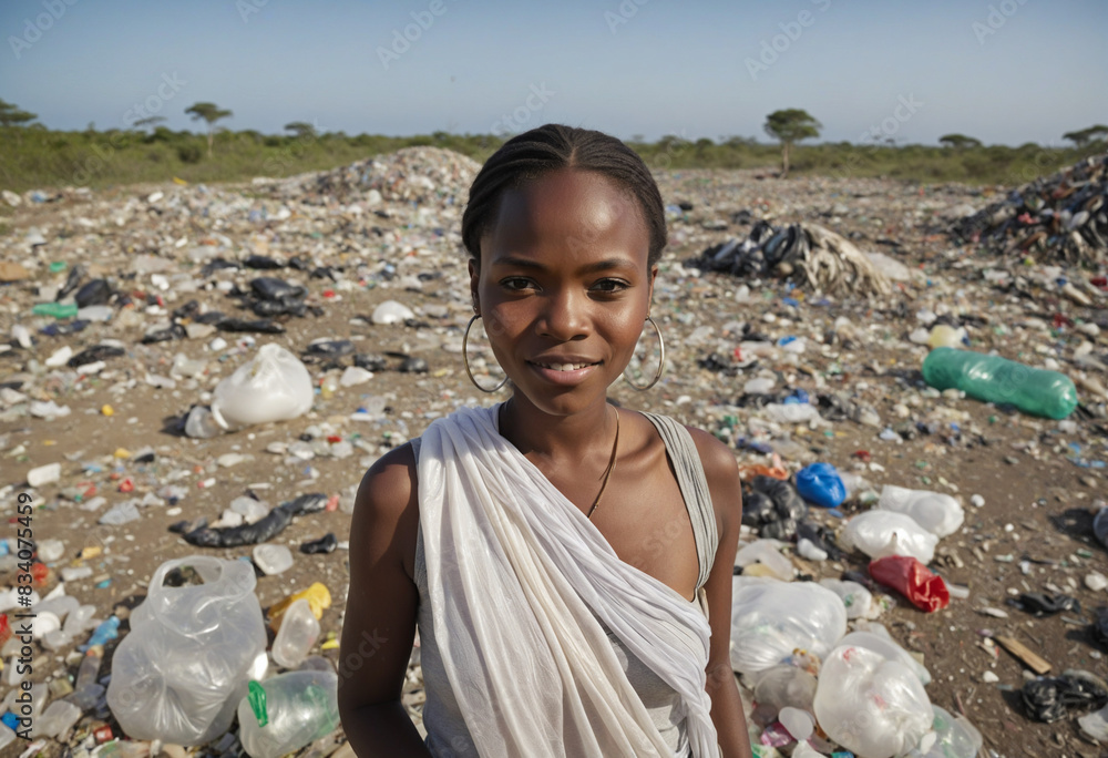 African woman smiles despite standing in a landfill filled with plastic ...