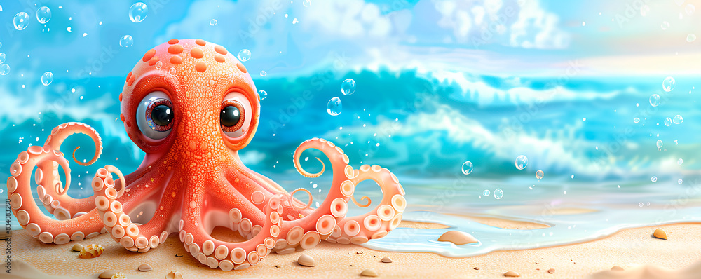 an illustration of an cartoon octopus on the beach with the ocean in ...