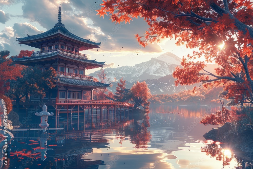 Exquisite 3D render of Japanese Ukiyo-e prints, featuring scenes of ...