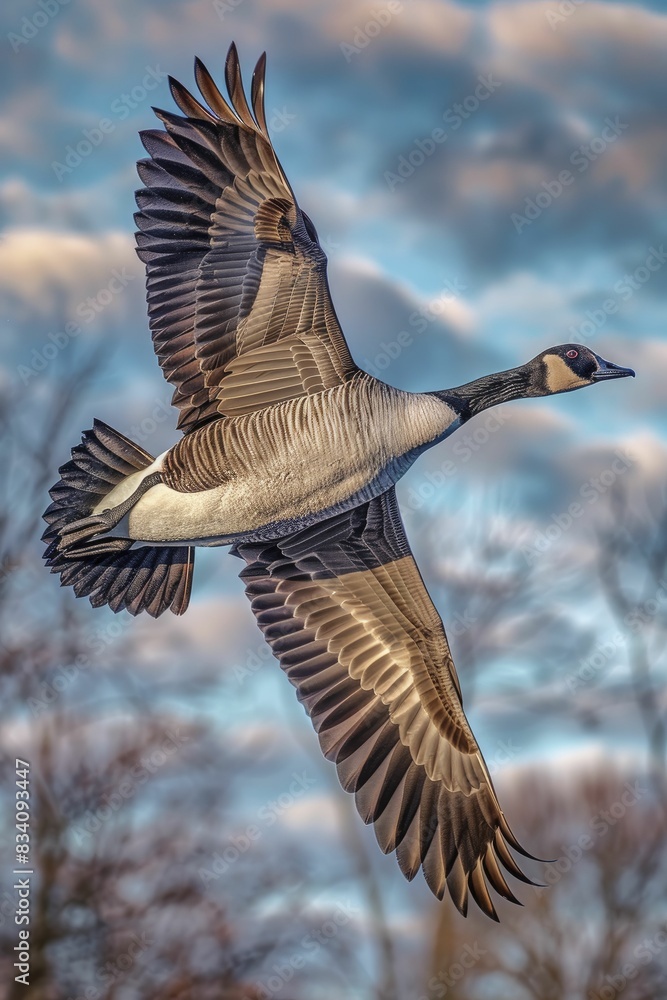 Capturing the wild spirit of a goose in flight, serene blue sky ...