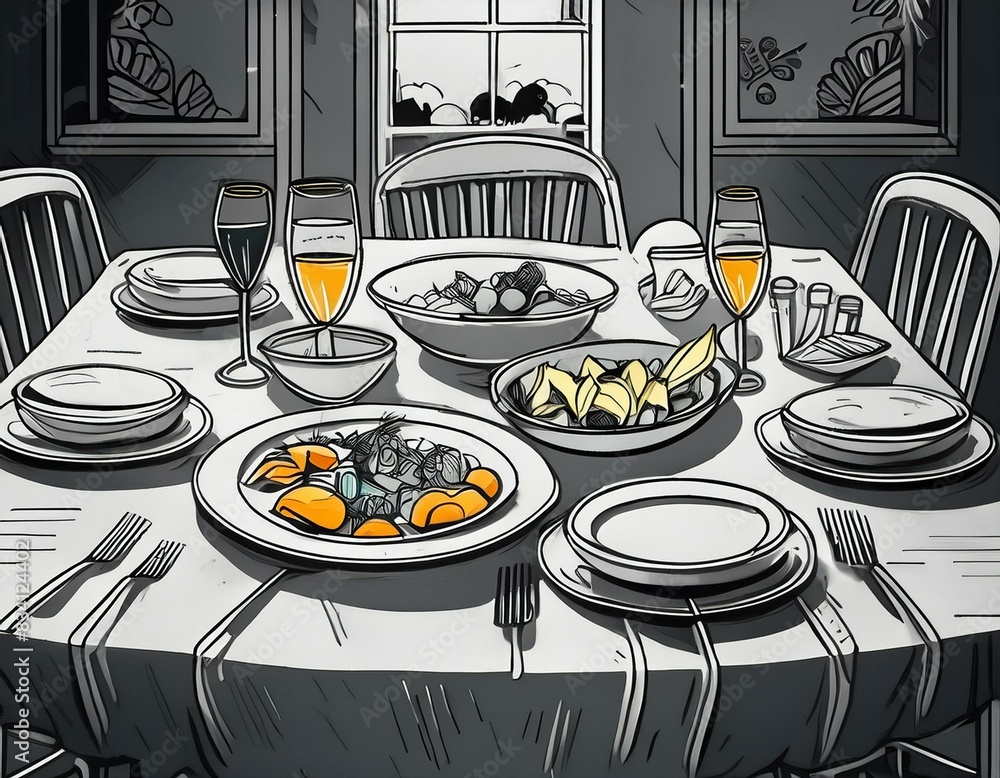 dessin d'une table après un repas de famille en dessin ia Stock ...