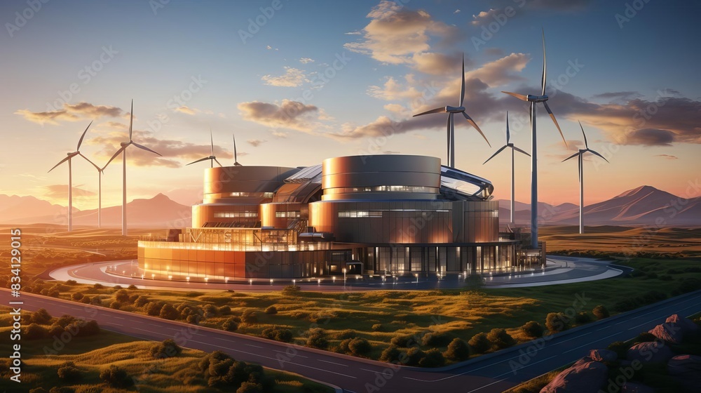 Futuristic clean energy production facility with vast solar farms Stock ...