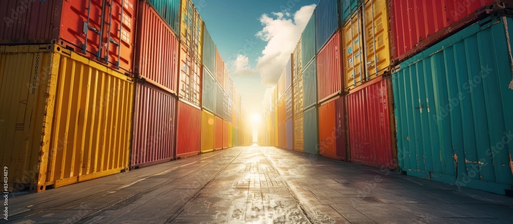 A row of colorful shipping containers stand tall, bathed in the warm ...