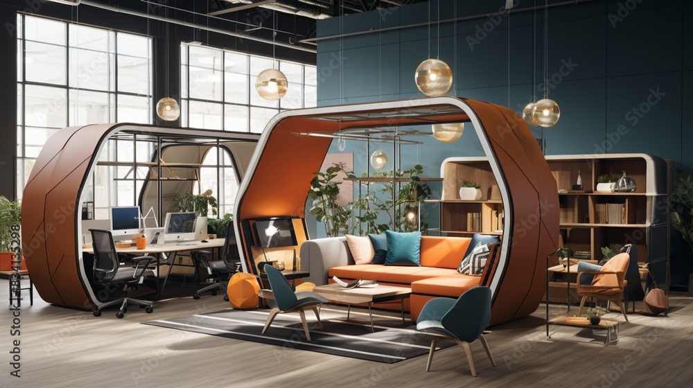 A dynamic office with movable walls, flexible seating arrangements, and ...