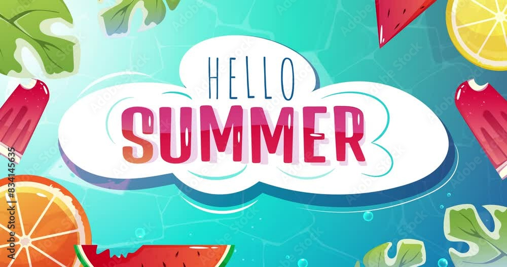 Hello Summer moving background. Colorful banner with tropical leaves ...