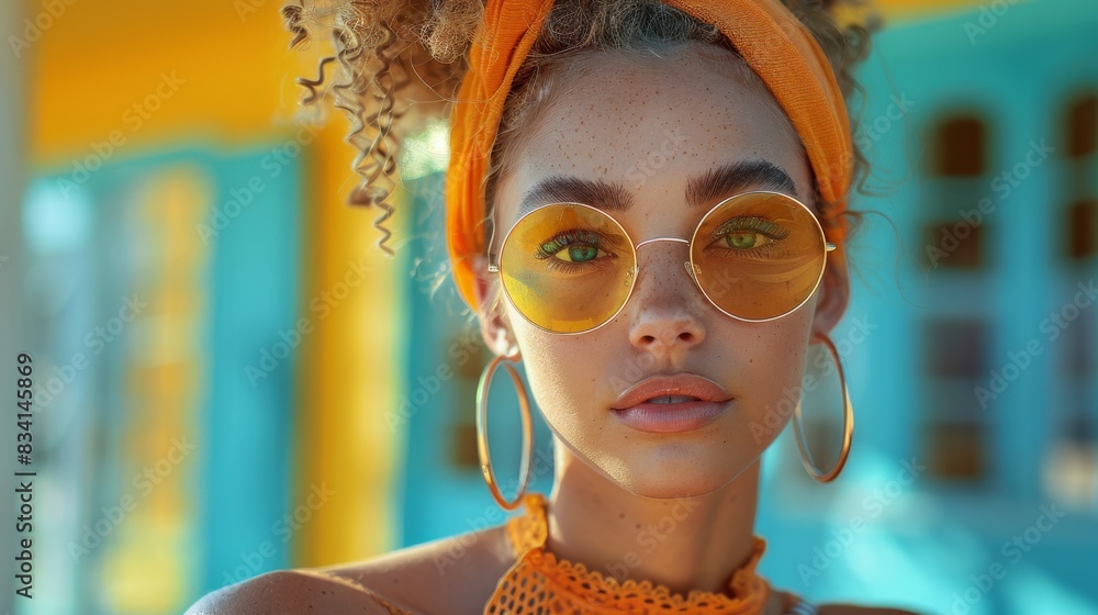 Female Gen Z wearing a fashionable outfit on a colorful background ...