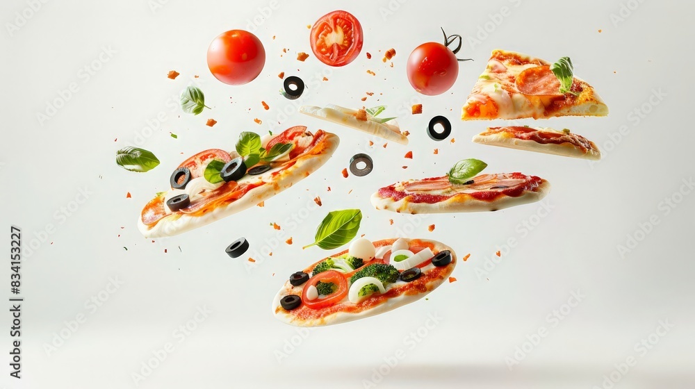 Floating pizza slices on white background. Flying ingredients on pizza ...