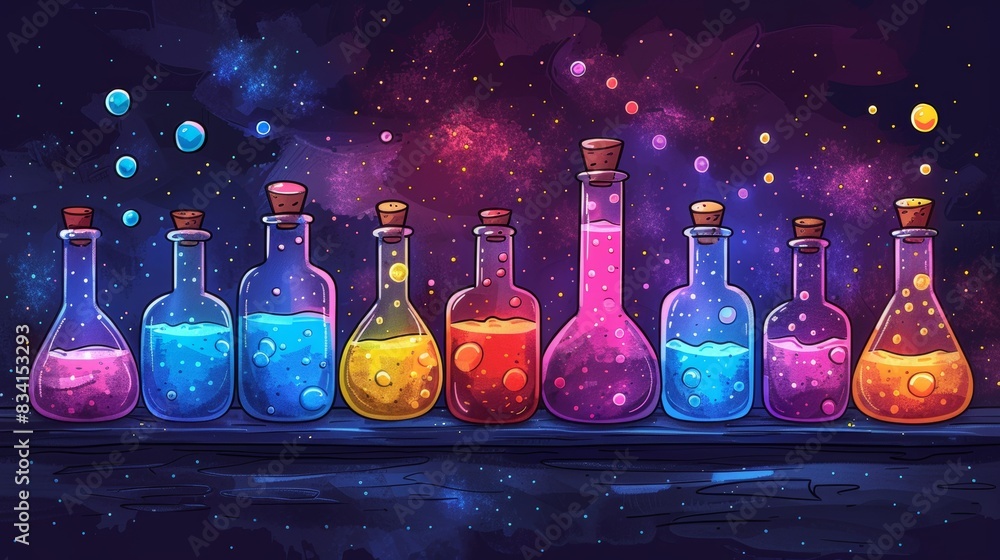 pop art style banner with cartoon lab featuring bubbling test tubes and ...