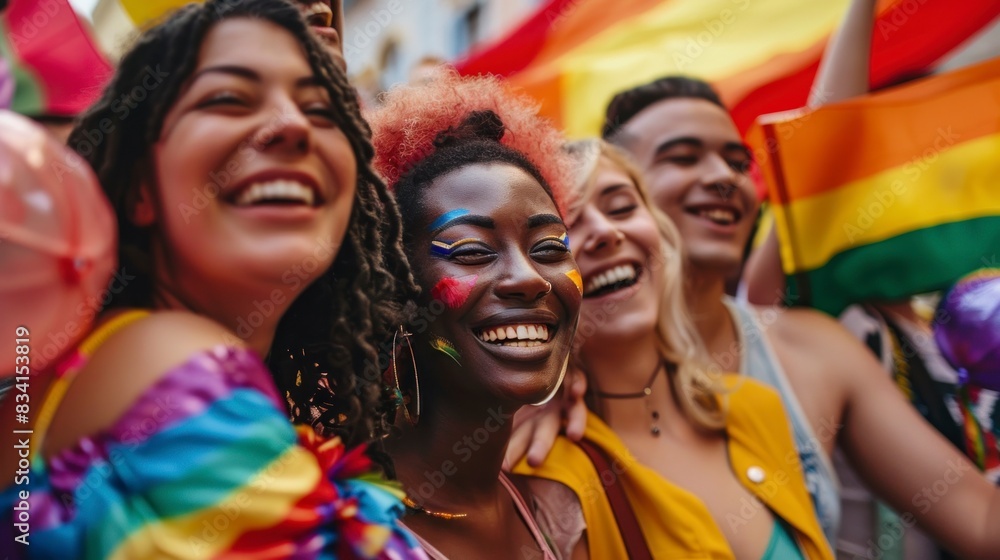 group of people of different ethnicities with the LGBT flag giving each ...