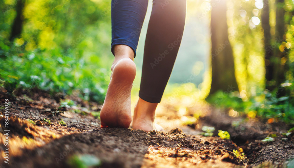 woman stands barefoot on forest soil, connecting with nature. Her bare ...