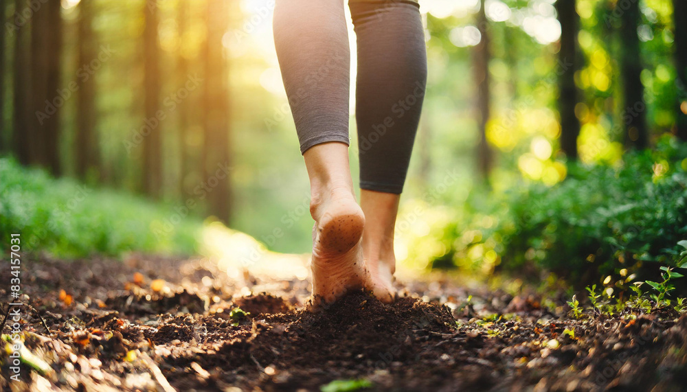 woman stands barefoot on forest soil, connecting with nature. Her bare ...