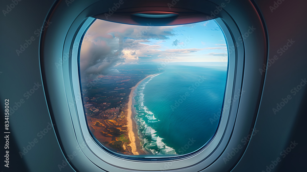 Airplane flying over beach of gava as seen through window of an ...
