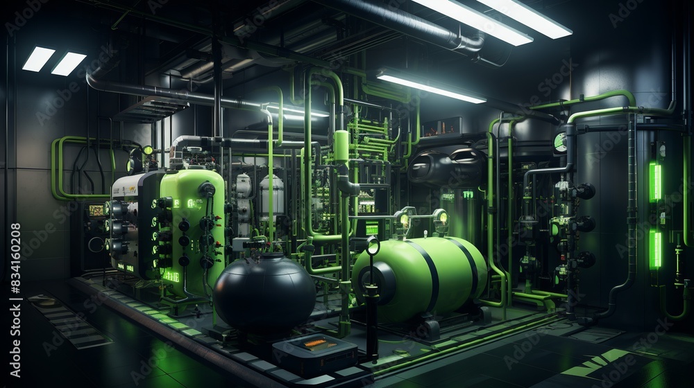 A green hydrogen production facility, with large storage tanks and ...