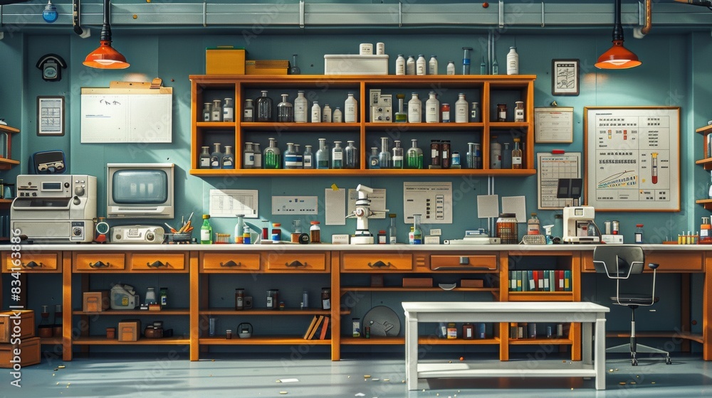 vintage laboratory setting with old-school tools in a pop art science ...