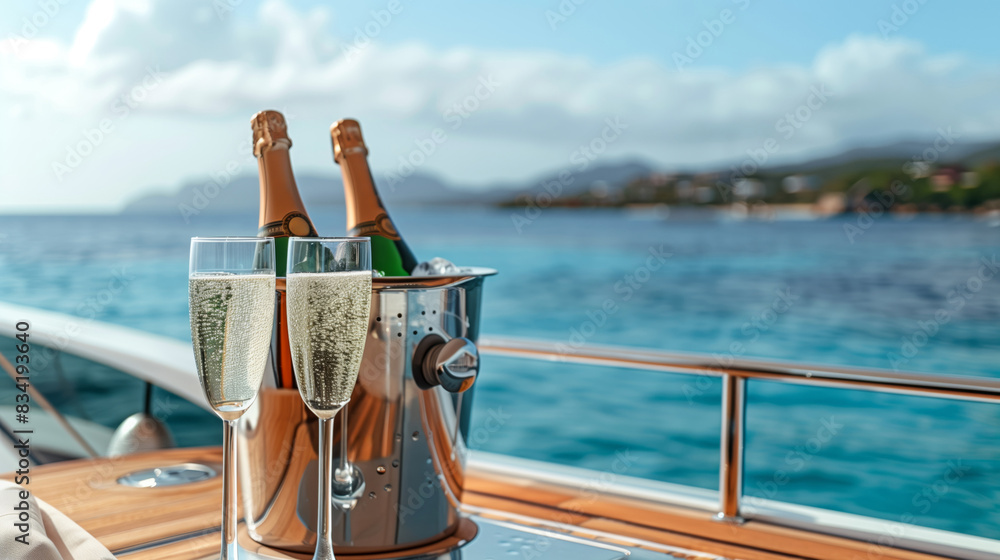 Sparkling wine bottles in an ice bucket and sparkling wine glasses on ...