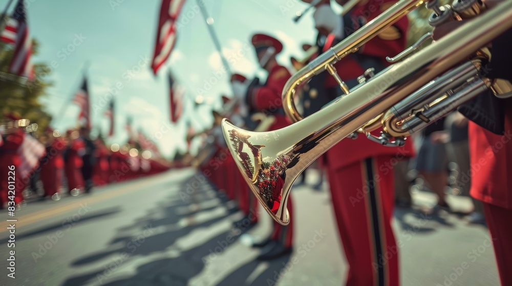 Marching band with brass instruments and American flags during USA ...