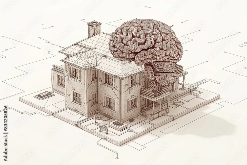 Cutaway house model with brain center, showcasing neuro-architectural ...