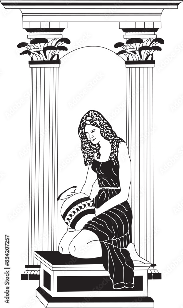 Hand drawn vintage cartoon illustration of a woman in lines. Greek ...