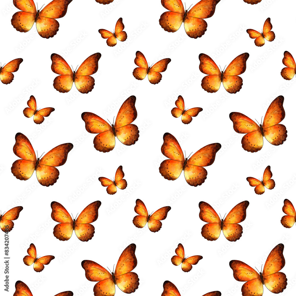 Seamless pattern of watercolor orange butterflies on a white background ...