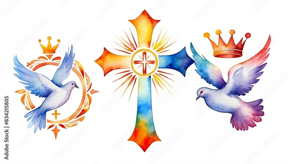 Holy Trinity symbols. Cross, crown and dove of Holy Spirit. Watercolor ...