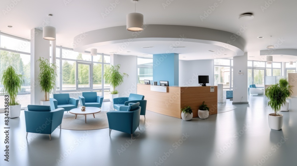 Clinic Reception 3D Illustration with Copy Space. Reception desk in a ...