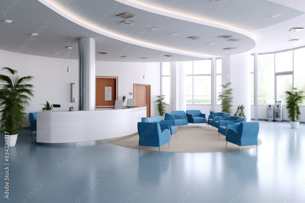 Clinic Reception 3D Illustration with Copy Space. Reception desk in a ...