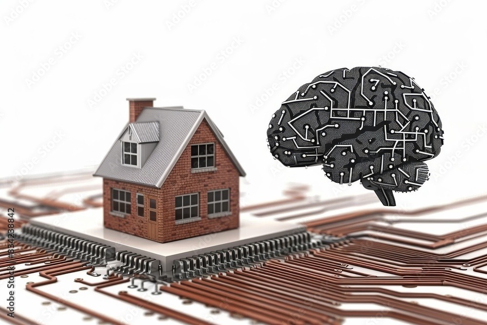 High-resolution close-up of a microchip with a brain texture overlay ...