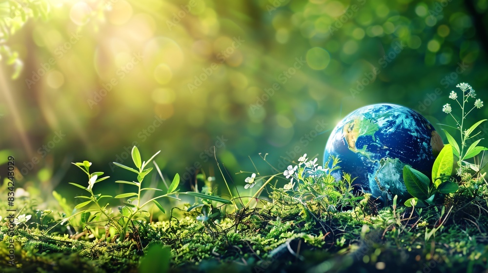Sustainable concept, Earth Globe on Green Moss with Sprouting Plants ...