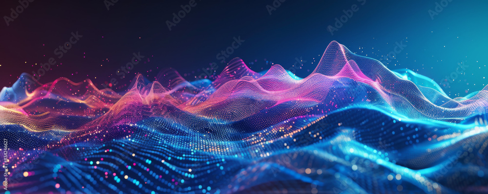 Abstract data visualization background with glowing colorful lines and dots on dark blue wavey ...