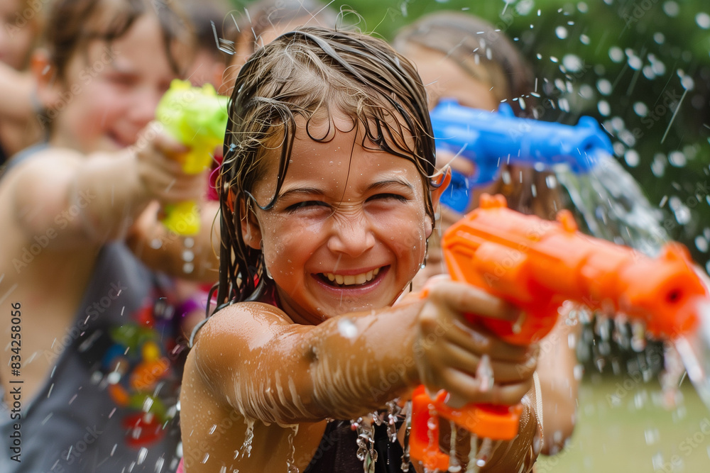 Kids playing and enjoying themselves in a water gun battle ...