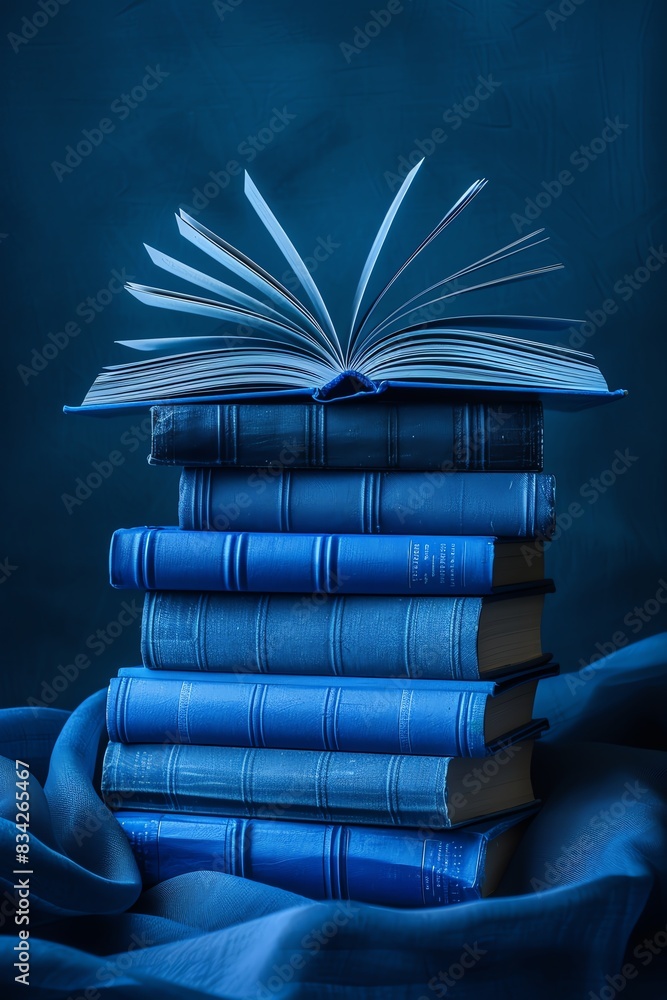 Stack of blue books with an open book on top, dark blue background ...