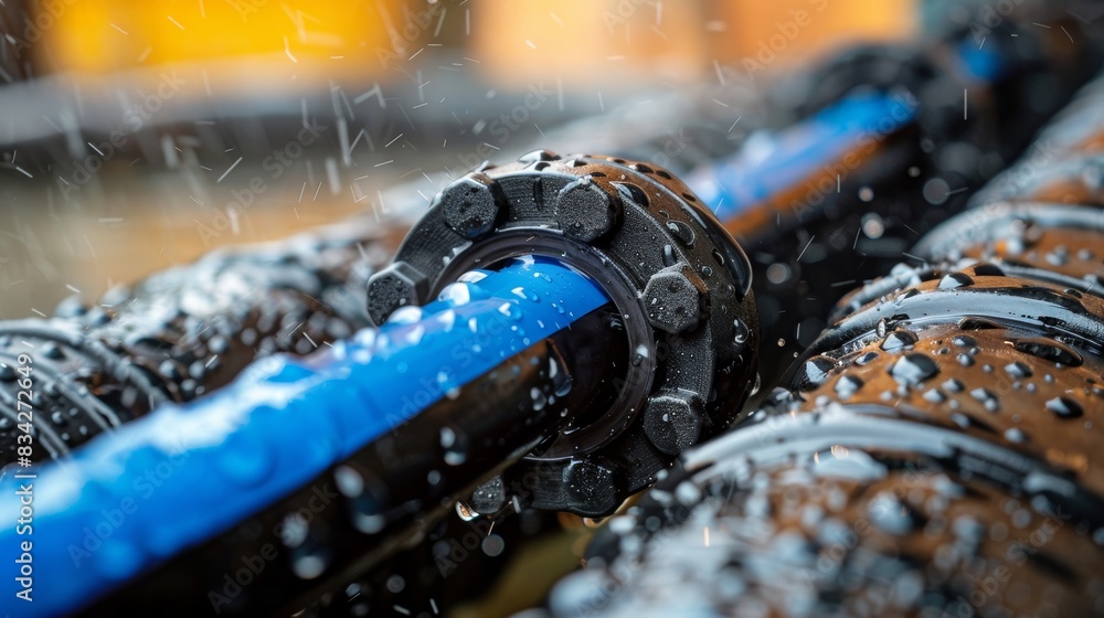 Black plastic water feed pipe with a blue strip, close-up shot ...