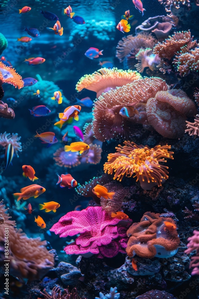 A colorful coral reef with many fish swimming around it. The fish are ...