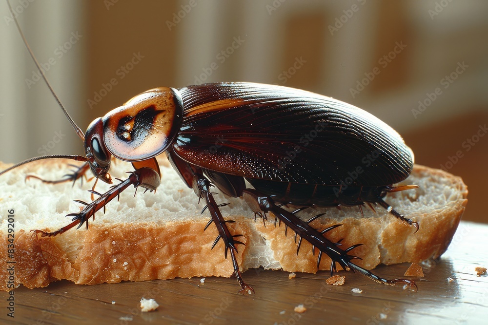 A cockroach is sitting on a slice of bread. The cockroach is brown and ...