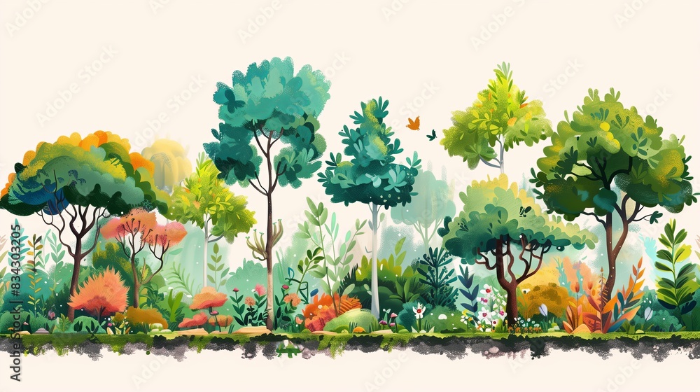 Illustration of a vibrant forest scene with various trees, plants, and ...